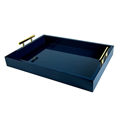 Qmpro Rectangular Decorative Tray Luxury Large Serving Ottoman Trays High Glossy Wooden Coffee Table Decor for Food with Polished Golden Metal Handles,16x12x3.2 Inch,Glossy Navey Blue