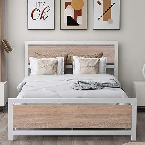 Tensun Full Size Bed Frame with Footboard and Wood Headboard,Heavy Duty Platform Bed Frame, Steel Slats Mattress Foundation Square Pipe Design, No Box Spring Needed, Noise Free, White