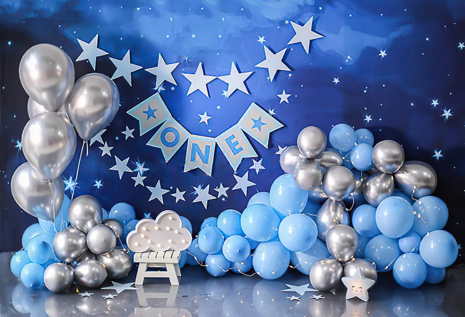 Blue Sky Twinkling Stars Balloons Boys 1st Birthday Party One Years Old Cake Smash Decor Backdrop for Home Party Banner Photo Studio,7x5ft