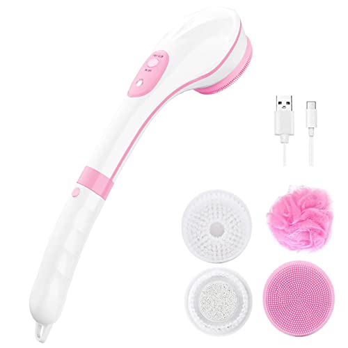 JTSea Electric Bath Brush Set, Waterproof Electric Body Scrubber & Silicone Facial Brush,4 Spin Brush Heads, Shower Brush Bath Scrubber Exfoliating, Back Brush Long Handle for Shower Women Men