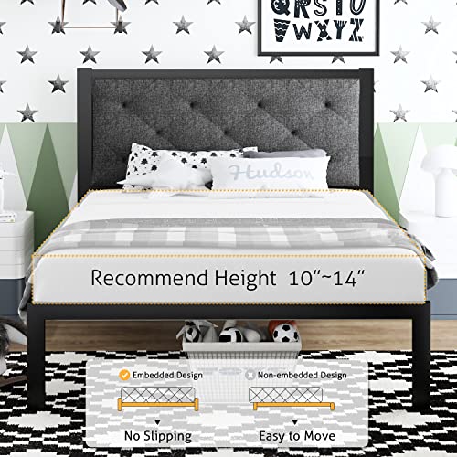 SHA CERLIN Twin Size Metal Platform Bed Frame with Fabric Upholstered Button Tufted Headboard, Mattress Foundation with 17 Strong Metal Slats Support, No Box Spring Needed, Easy Assembly, Dark Grey