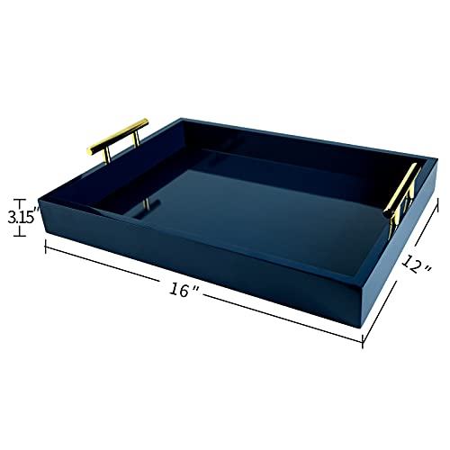 Qmpro Rectangular Decorative Tray Luxury Large Serving Ottoman Trays High Glossy Wooden Coffee Table Decor for Food with Polished Golden Metal Handles,16x12x3.2 Inch,Glossy Navey Blue