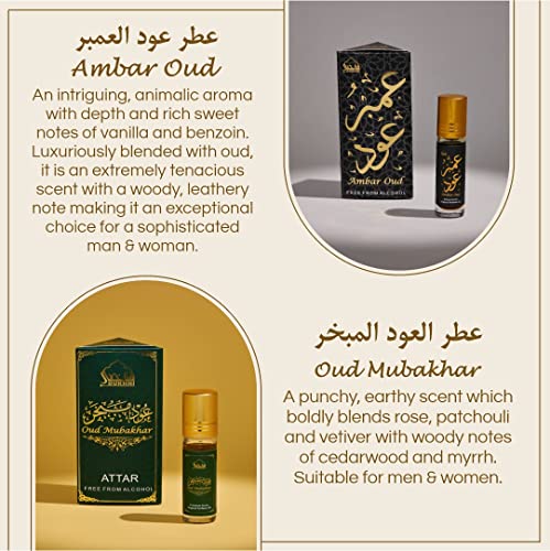 Dukhni Ma’amoul Attar Oil Set | العطار العربي | Authentic Arabic Fragrance Oils| 100% Halal Blends, Ramadan Eid Gifting | Oud Mukhalat, Oud Mubakhar, Oud Abyad, Oud Ya Aini, Attar Al Bakhoor, Ambar Oud - 6ml each