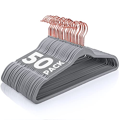 Jersow Velvet Hangers 50 Pack, Non-Slip Velvet Hangers with 360 Degree Swivel Hook, Space Saving Felt Hangers Heavy Duty Enough for Suit Hangers, Coat Hangers, Dress Hangers, Skirt Hangers (Grey)