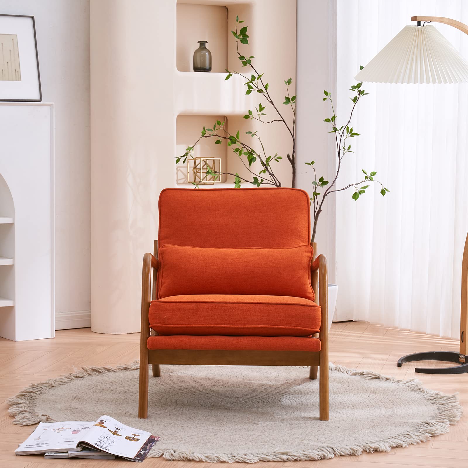 Karl home Accent Chair Mid-Century Modern Chair with Pillow Upholstered Lounge Arm Chair with Solid Wood Frame & Soft Cushion for Living Room, Bedroom, Balcony, Linen Burnt Orange (Low Back)
