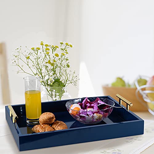 Qmpro Rectangular Decorative Tray Luxury Large Serving Ottoman Trays High Glossy Wooden Coffee Table Decor for Food with Polished Golden Metal Handles,16x12x3.2 Inch,Glossy Navey Blue