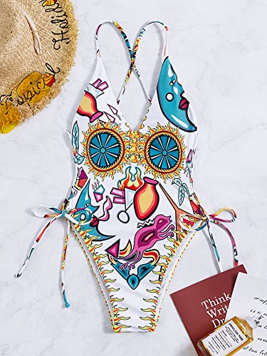 OYOANGLE Women's All Over Print Plunge Neck Cross Back High Cut Lace Up One Piece Swimsuit Multicolor Print L