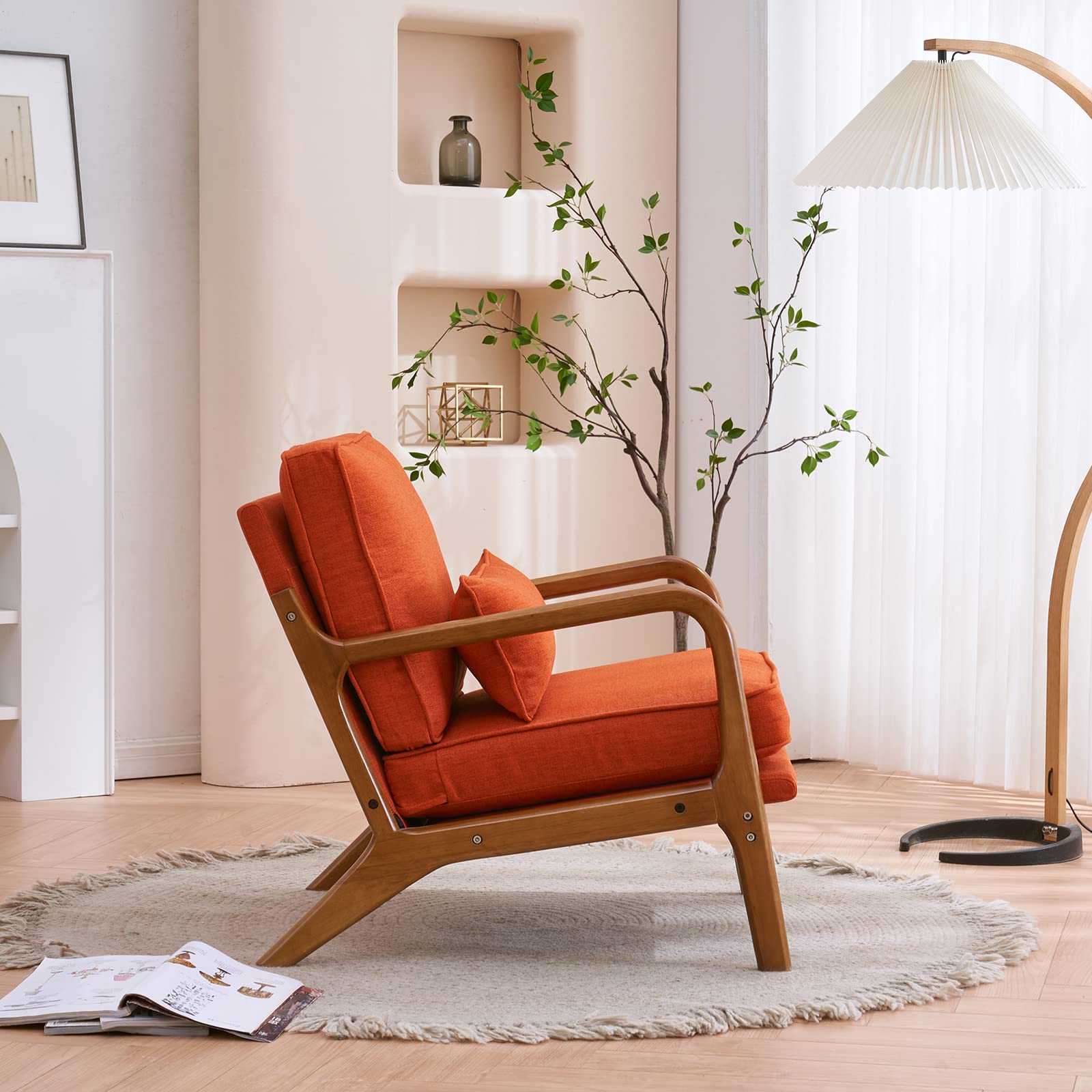 Karl home Accent Chair Mid-Century Modern Chair with Pillow Upholstered Lounge Arm Chair with Solid Wood Frame & Soft Cushion for Living Room, Bedroom, Balcony, Linen Burnt Orange (Low Back)