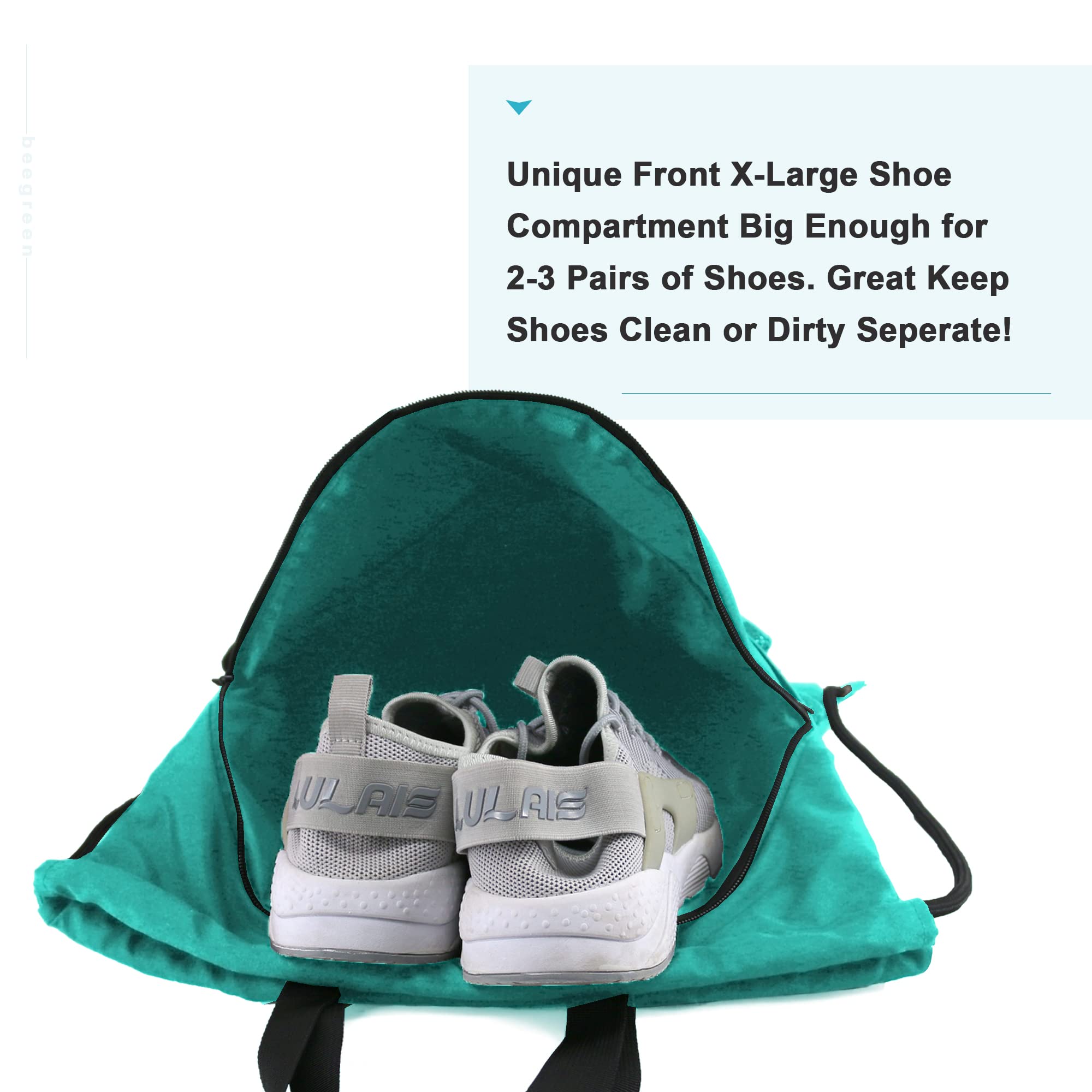 BeeGreen Teal Drawstring Backpack String Bag with Water Bottle Pockets Large Workout Bag Sackpack and Shoe Compartment Swim Sports Cinch Bag for Men Women Gym Yoga