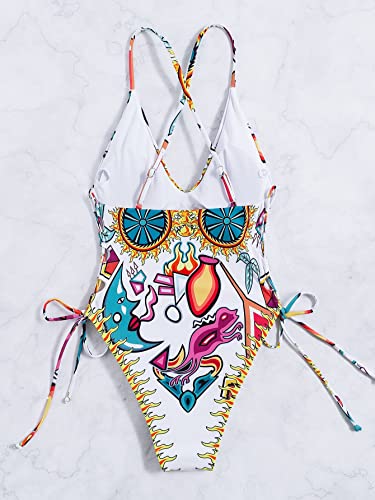 OYOANGLE Women's All Over Print Plunge Neck Cross Back High Cut Lace Up One Piece Swimsuit Multicolor Print L