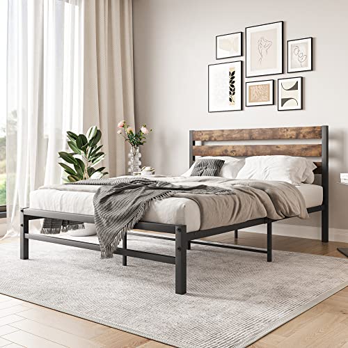 Crocofair Full Bed Frame with Vintage Wood Headboard,Mattress Foundation,Metal Platform Bed Frames,Strong Slats Support,No Box Spring Needed,Reinforced Strong Support Leg,Easy Assembly, Full Size