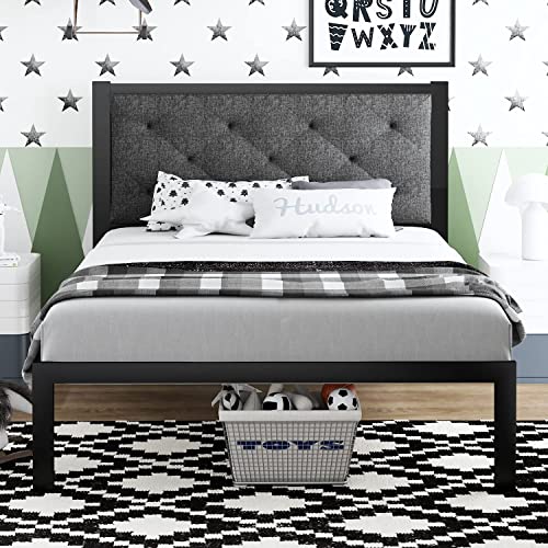 SHA CERLIN Twin Size Metal Platform Bed Frame with Fabric Upholstered Button Tufted Headboard, Mattress Foundation with 17 Strong Metal Slats Support, No Box Spring Needed, Easy Assembly, Dark Grey