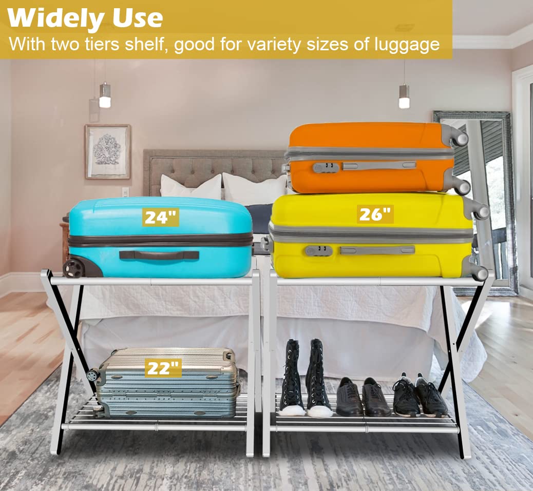 mocomax 1 Pack Folding Luggage Rack for Guest Room, Foldable Suitcase Stand Holder with Metal Storage Shelf for Bedroom, Living Room, Hotel Essentials, Heavy Duty Steel Frame, White