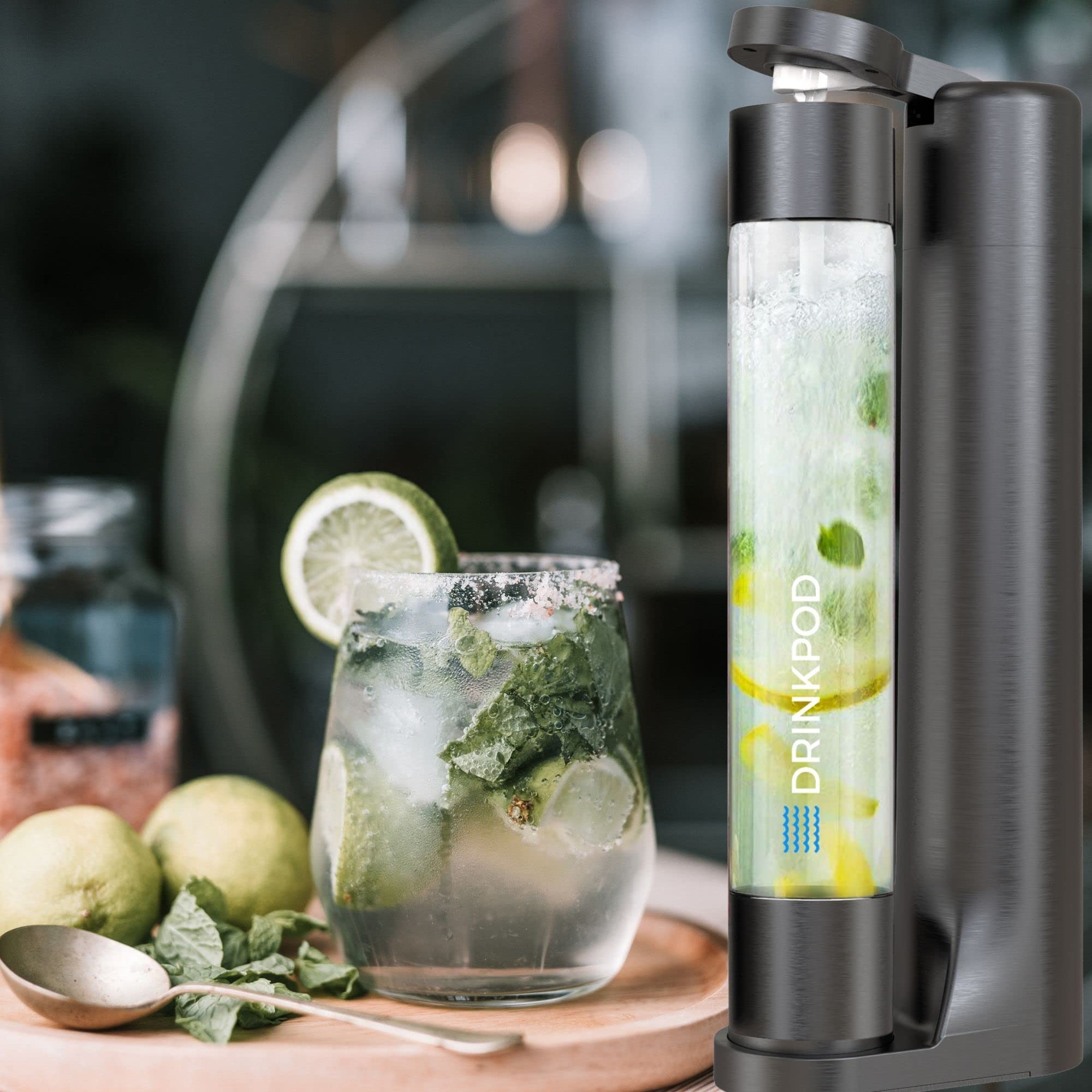 Fizzpod Home Soda Maker Sparkling Water Carbonator With 3 Bottles and 2 Bottle Brushes (Black)