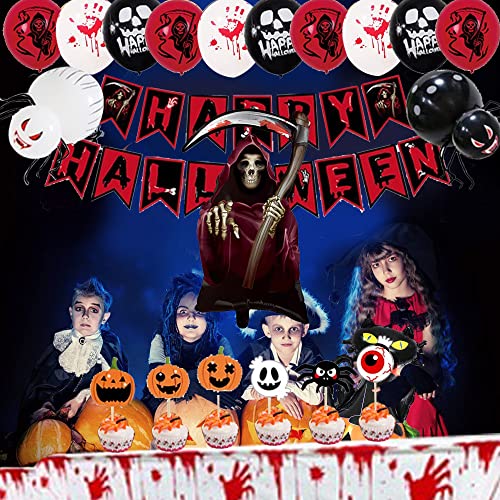 Halloween Decorations Spooky Halloween Decorations Party Supplies Includes Spider Scary Grim Reaper Balloons Bloody Happy Halloween Banner Backdrop for Indoor Outdoor Wall Window Party Decor, White