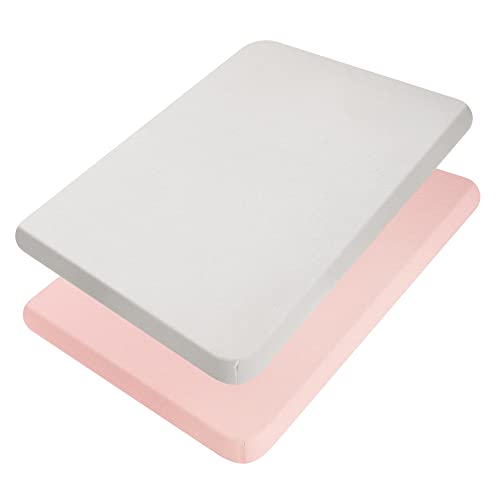 TILLYOU 2 Pack Mini Crib Fitted Sheets, Stretchy Soft Jersey Knit Portable Mini Pack n Play Playard, Playpen Bedding Sheet for Baby, Light Gray & Peachy Pink