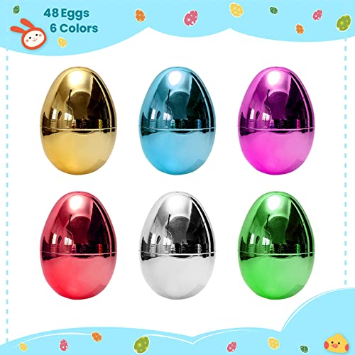 FUN LITTLE TOYS 48PCS Plastic Easter Eggs Metallic Easter Eggs for Candy Treats, Basket Stuffers Filler Perfect for Easter Egg Hunt, Easter Theme Party Favor Suprise Egg