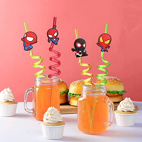24 Spiderman Party Favors Reusable Drinking Straws 8 Designs Great for Spiderman Birthday Party Supplies with 2 Cleaning Brushes