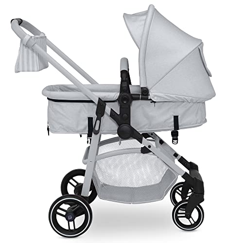 GAP babyGap 2-in-1 Carriage Stroller - Car Seat Compatible - Easy One-Handed Fold - Lightweight Stoller with Oversized Canopy & Reclining Seat - Made with Sustainable Materials, Grey Stripes