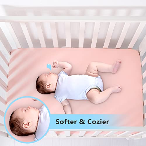 TILLYOU 2 Pack Mini Crib Fitted Sheets, Stretchy Soft Jersey Knit Portable Mini Pack n Play Playard, Playpen Bedding Sheet for Baby, Light Gray & Peachy Pink