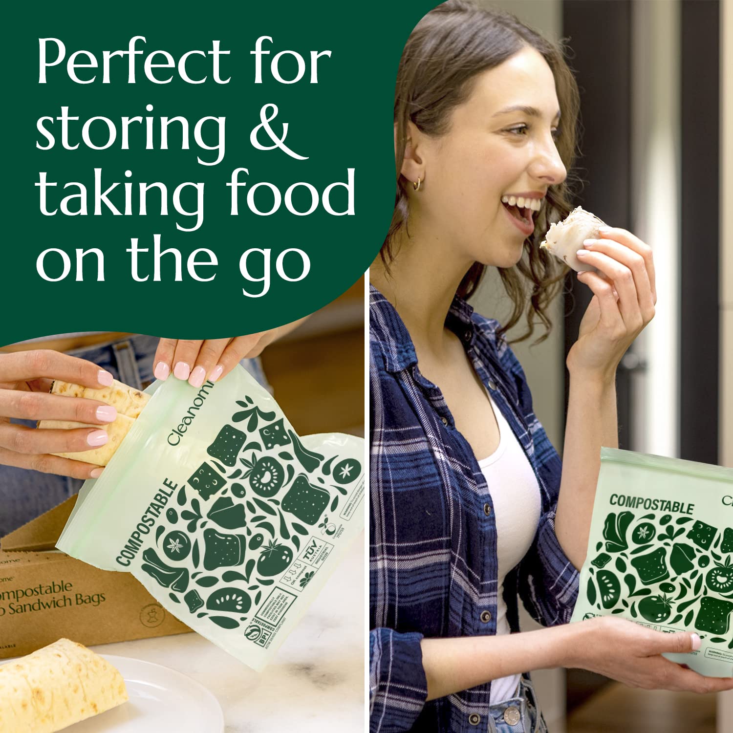 Cleanomic Compostable* Sandwich Size Food Storage Bags (25 Eco Zip) Freezer and Leak Proof, Also Available Gallon, Quart and Snack Size Bags