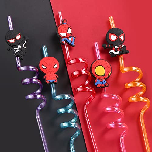 24 Spiderman Party Favors Reusable Drinking Straws 8 Designs Great for Spiderman Birthday Party Supplies with 2 Cleaning Brushes