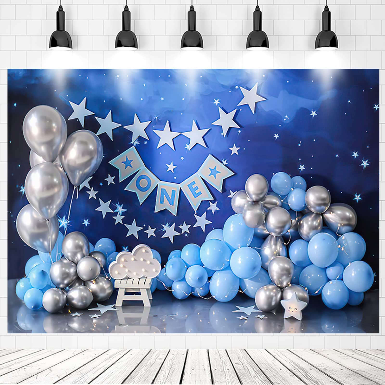 Blue Sky Twinkling Stars Balloons Boys 1st Birthday Party One Years Old Cake Smash Decor Backdrop for Home Party Banner Photo Studio,7x5ft