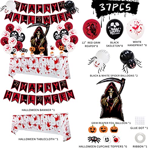 Halloween Decorations Spooky Halloween Decorations Party Supplies Includes Spider Scary Grim Reaper Balloons Bloody Happy Halloween Banner Backdrop for Indoor Outdoor Wall Window Party Decor, White