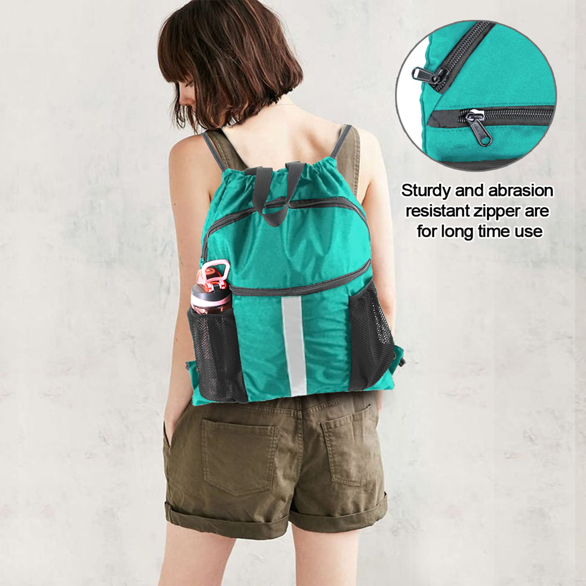 BeeGreen Teal Drawstring Backpack String Bag with Water Bottle Pockets Large Workout Bag Sackpack and Shoe Compartment Swim Sports Cinch Bag for Men Women Gym Yoga