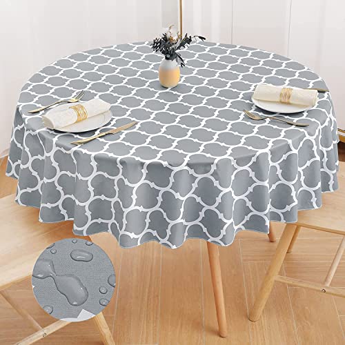 smiry Round Plastic Table Cloth, Waterproof Vinyl Tablecloth with Flannel Backing for Round Tables, Wipeable Spillproof Tablecloths for Dining, Camping, Indoor and Outdoor (60" Round, Grey)