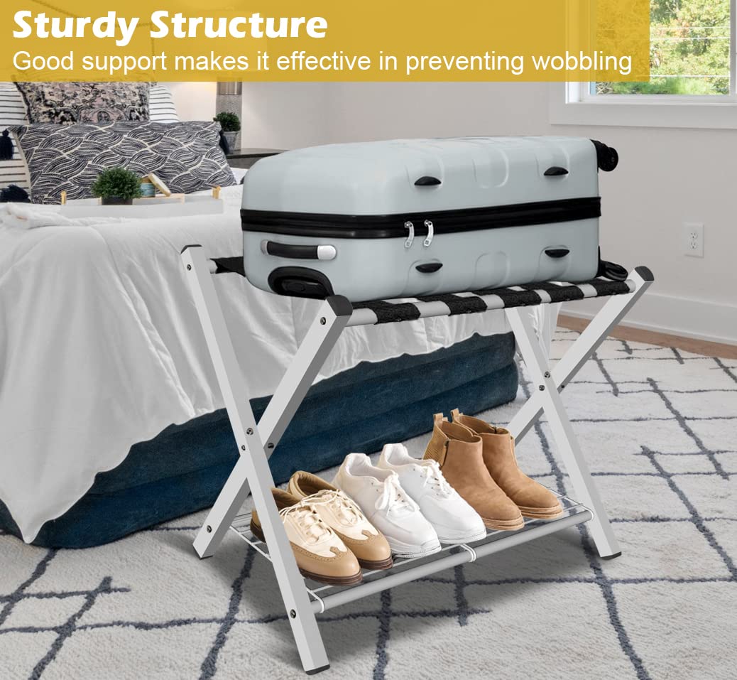 mocomax 1 Pack Folding Luggage Rack for Guest Room, Foldable Suitcase Stand Holder with Metal Storage Shelf for Bedroom, Living Room, Hotel Essentials, Heavy Duty Steel Frame, White