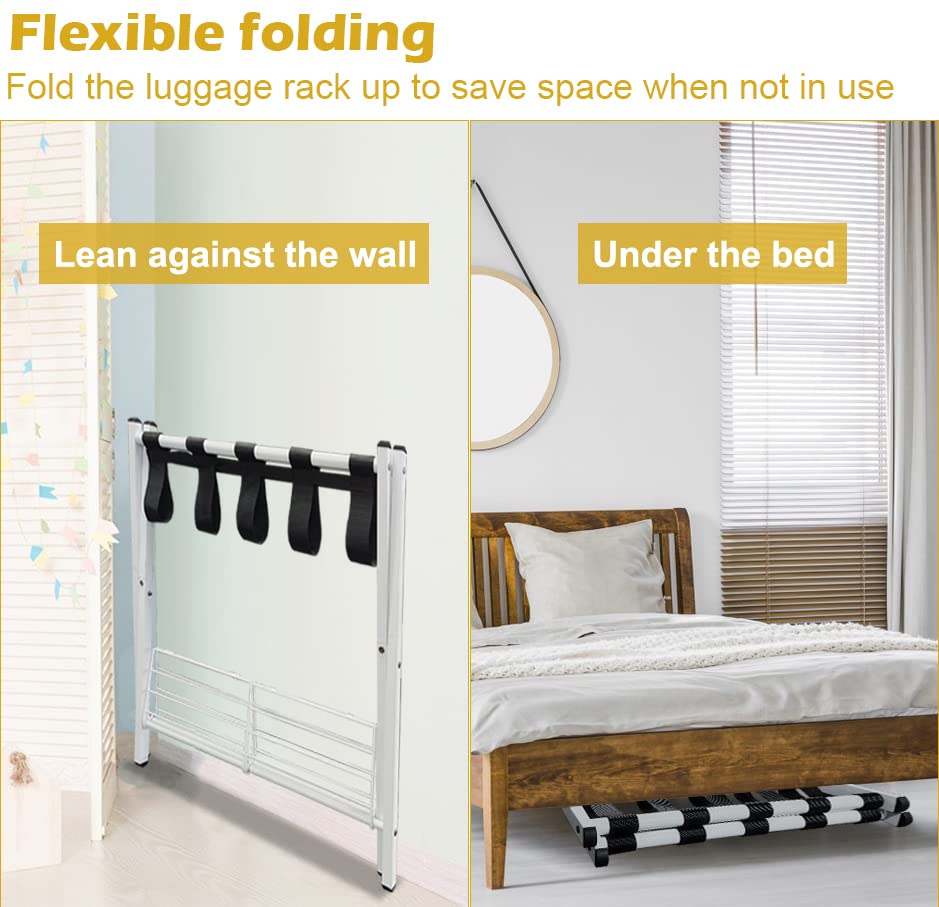 mocomax 1 Pack Folding Luggage Rack for Guest Room, Foldable Suitcase Stand Holder with Metal Storage Shelf for Bedroom, Living Room, Hotel Essentials, Heavy Duty Steel Frame, White