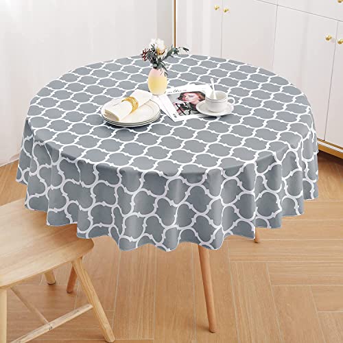 smiry Round Plastic Table Cloth, Waterproof Vinyl Tablecloth with Flannel Backing for Round Tables, Wipeable Spillproof Tablecloths for Dining, Camping, Indoor and Outdoor (60" Round, Grey)