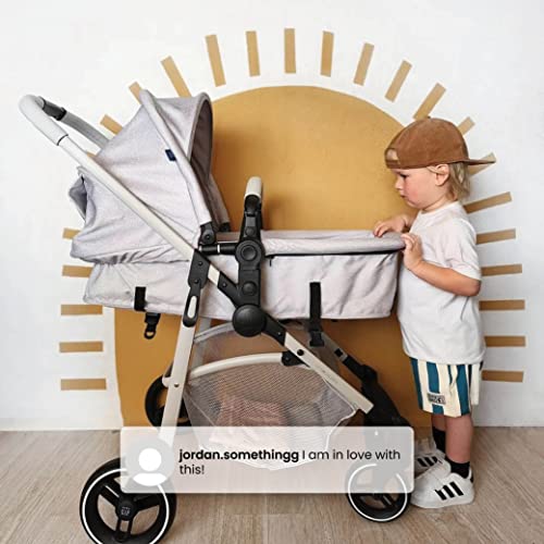 GAP babyGap 2-in-1 Carriage Stroller - Car Seat Compatible - Easy One-Handed Fold - Lightweight Stoller with Oversized Canopy & Reclining Seat - Made with Sustainable Materials, Grey Stripes