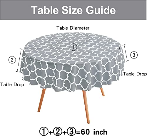 smiry Round Plastic Table Cloth, Waterproof Vinyl Tablecloth with Flannel Backing for Round Tables, Wipeable Spillproof Tablecloths for Dining, Camping, Indoor and Outdoor (60" Round, Grey)