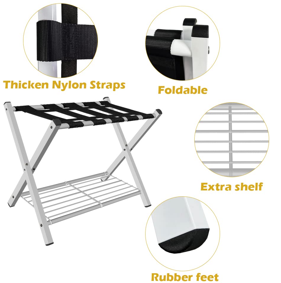 mocomax 1 Pack Folding Luggage Rack for Guest Room, Foldable Suitcase Stand Holder with Metal Storage Shelf for Bedroom, Living Room, Hotel Essentials, Heavy Duty Steel Frame, White