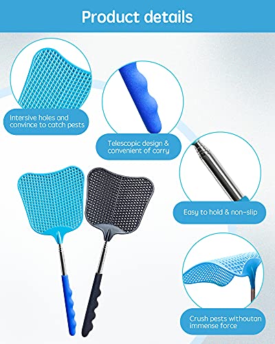 CUNCUI Fly Swatters Heavy Duty Set, with Durable Telescopic Stainless Steel Extendable Handles, for Home, Classroom and Office, 2Pcs, 2 Colors