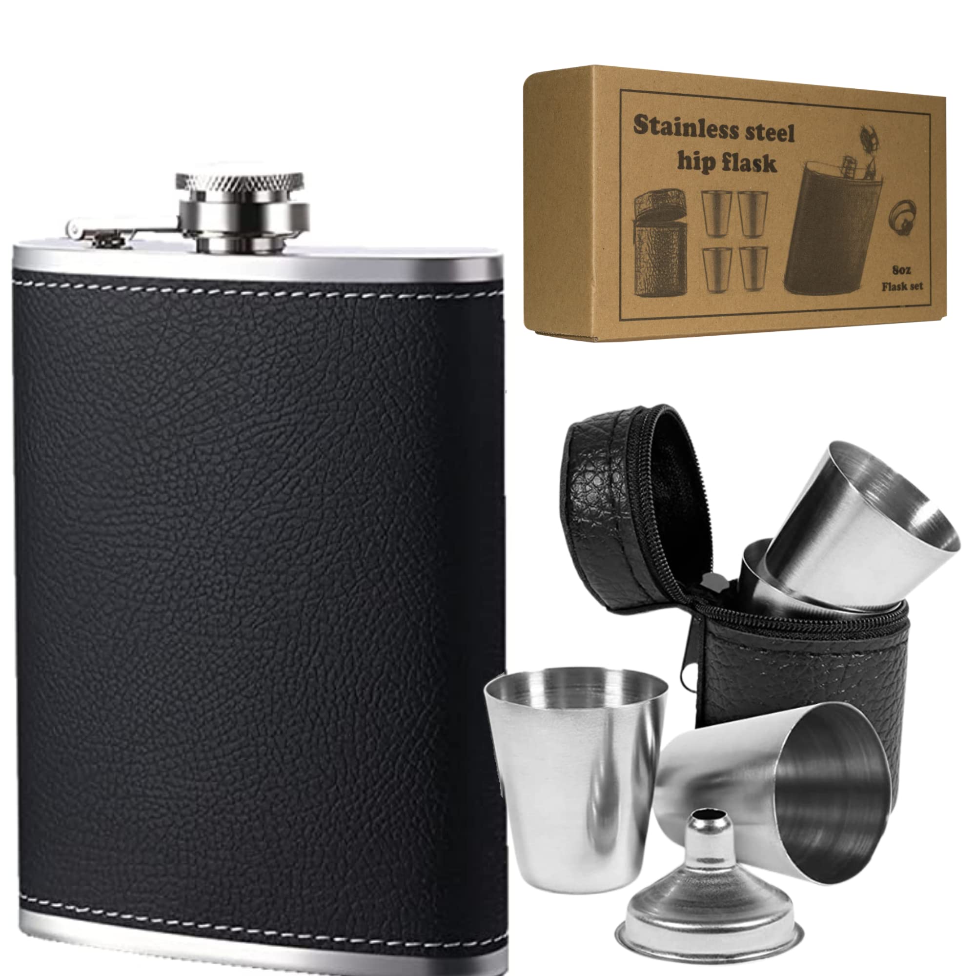 Generic Hip Flask, 8oz Stainless Steel Flask for Liquor, Leather Flask Gift Set (Leakproof, Rustproof)