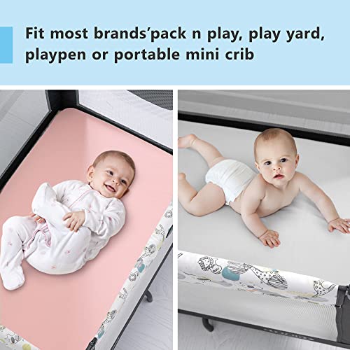 TILLYOU 2 Pack Mini Crib Fitted Sheets, Stretchy Soft Jersey Knit Portable Mini Pack n Play Playard, Playpen Bedding Sheet for Baby, Light Gray & Peachy Pink