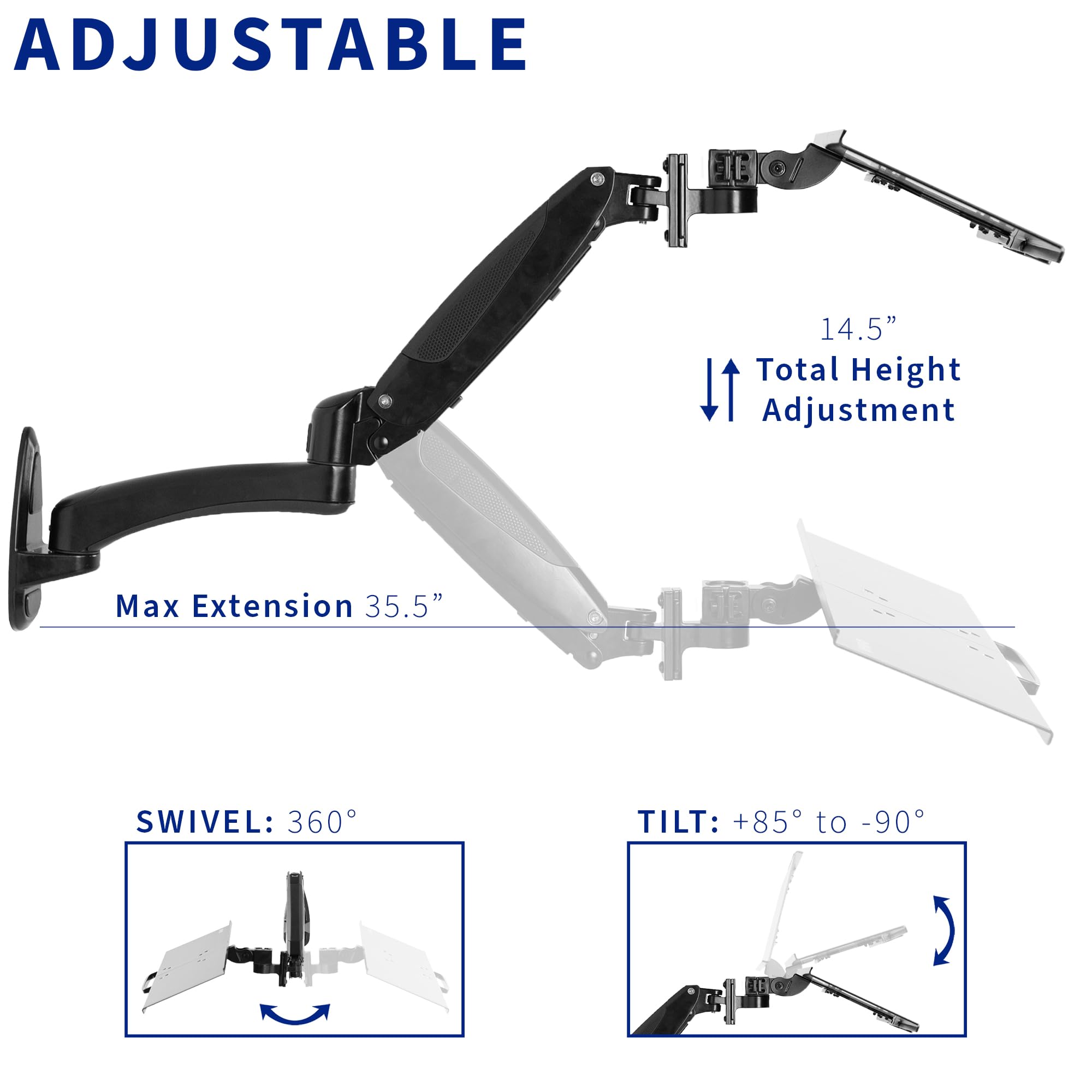 VIVO Sit-Stand 24 Inch Pneumatic Spring Keyboard and Mouse Tray Wall Mount, Counterbalance Height Adjustable Typing Platform, Ergonomic Tilt, Neutral Writing Position, Black, MOUNT-KB35A