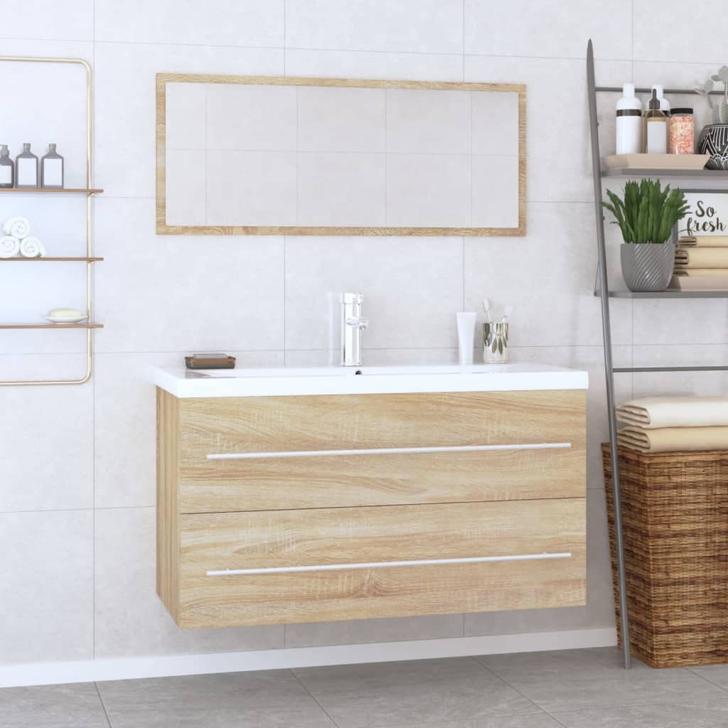 vidaXL Bathroom Set 3 Piece, Bath Sink Cabinet Bathroom Vanity Cabinet, Bath Basin Cabinet, Bath Sink Unit with Built-in Basin, Modern, Sonoma Oak