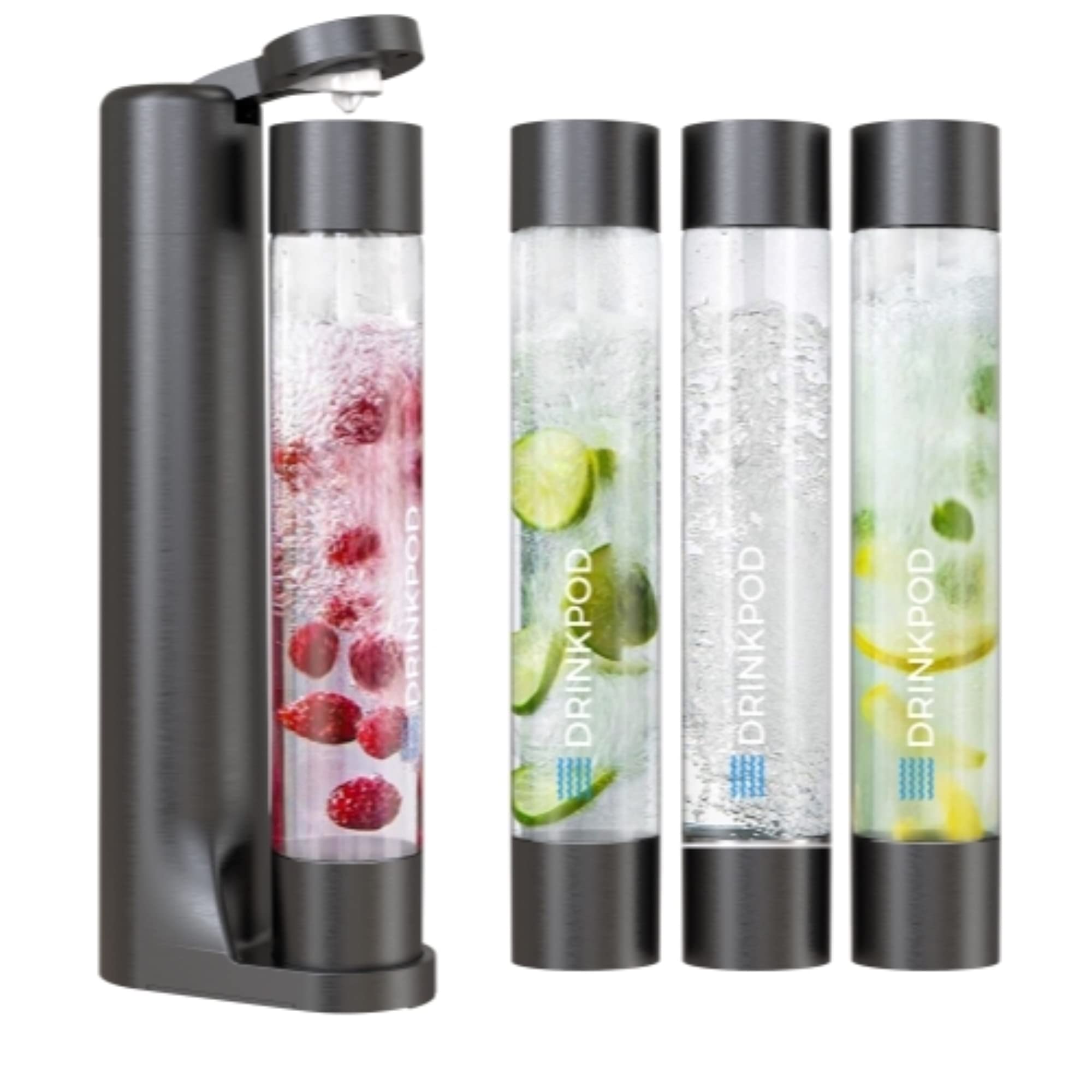 Fizzpod Home Soda Maker Sparkling Water Carbonator With 3 Bottles and 2 Bottle Brushes (Black)