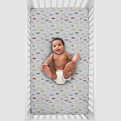 Carter's Busy Cars & Bikes Crib Sheet Super Soft Mini Crib Fitted Sheet, Red, Grey, Yellow, Blue