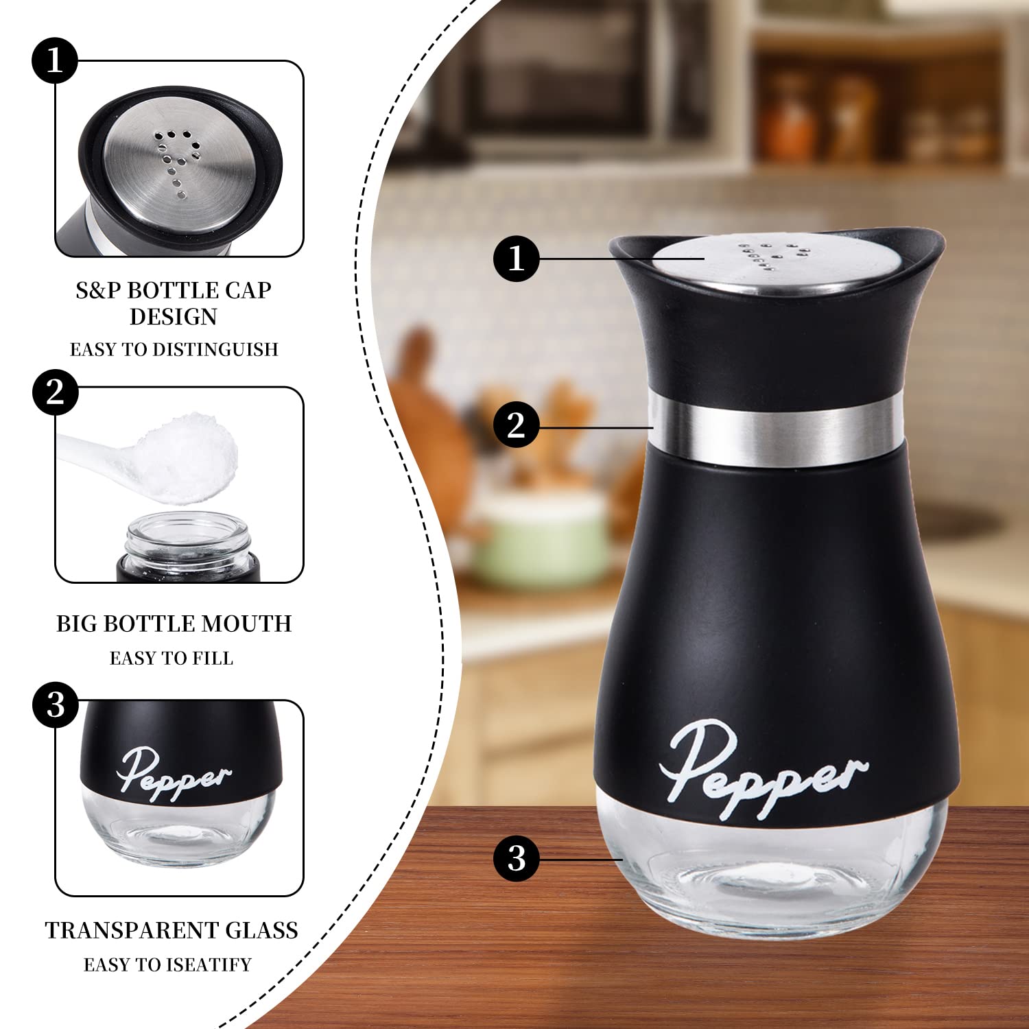 2 Pack Salt & Pepper Shakers Set, Refillable Salt Pepper with Stainless Steel Lid Container Spice Shakers Bottle for Home Kitchen, Restaurant, Picnic (Black)