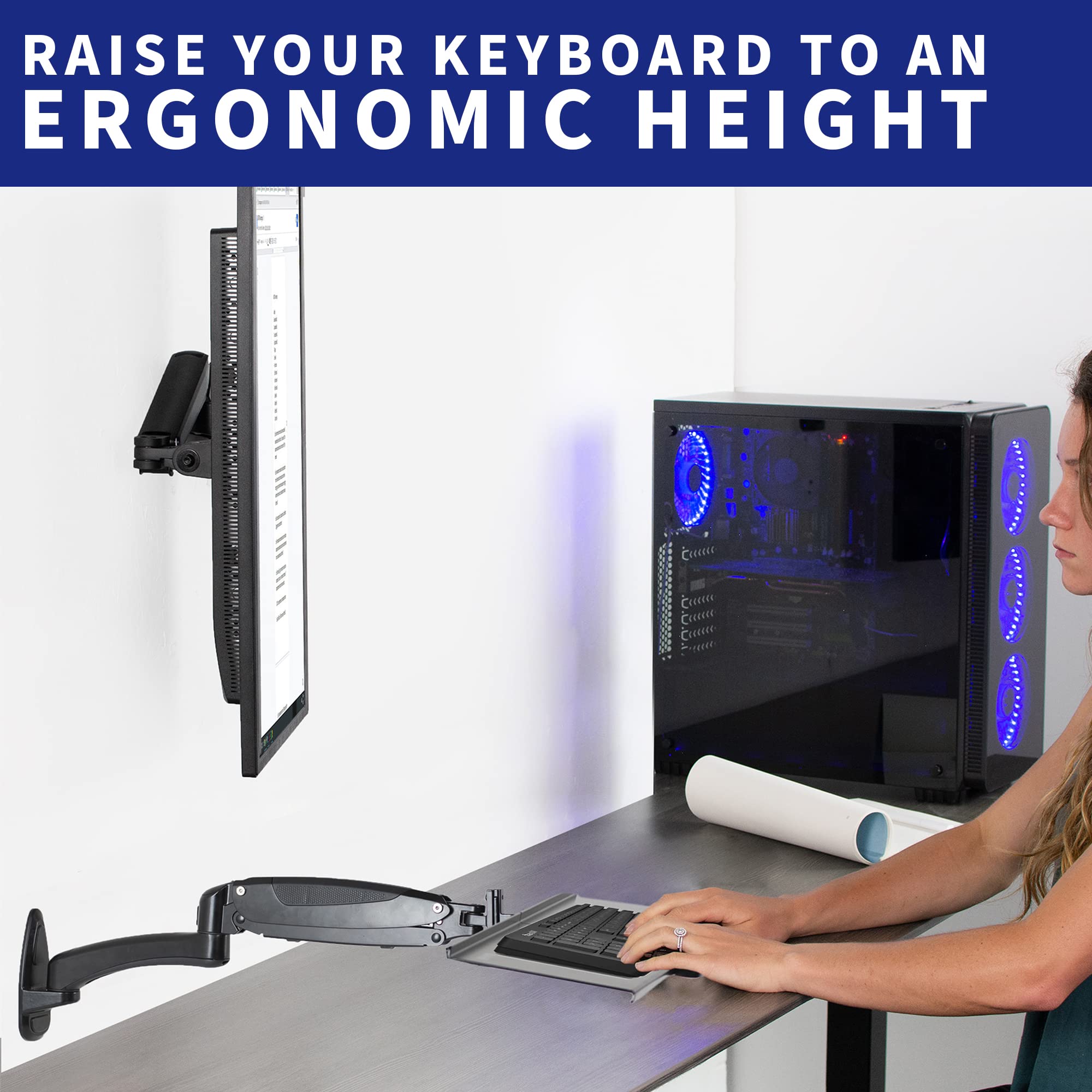 VIVO Sit-Stand 24 Inch Pneumatic Spring Keyboard and Mouse Tray Wall Mount, Counterbalance Height Adjustable Typing Platform, Ergonomic Tilt, Neutral Writing Position, Black, MOUNT-KB35A