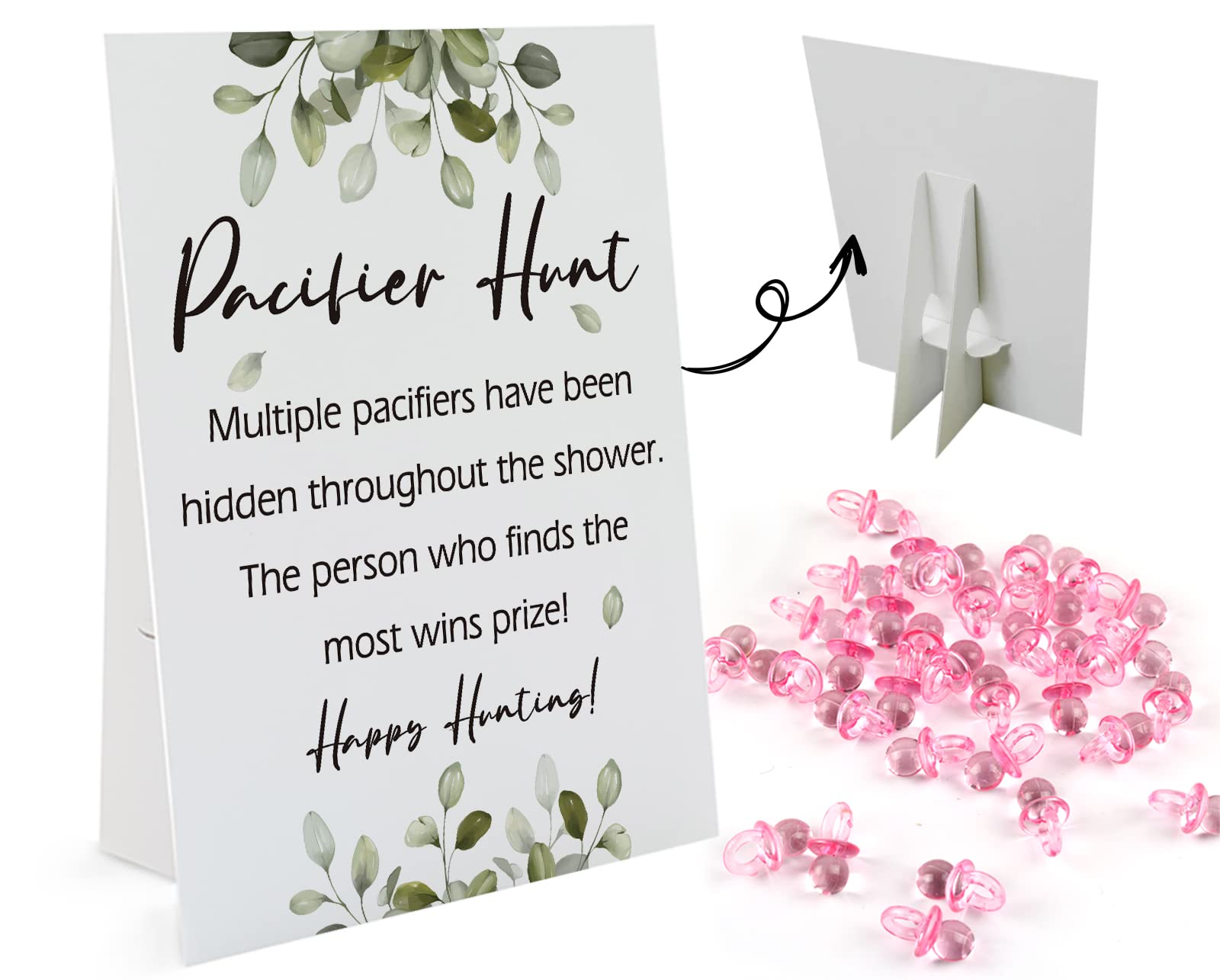Baby Pacifier Hunt Baby Shower Games, Gender Reveal Game, 8×10 Sign and 50 Mini Acrylic Pacifier, Favorite Adults Kids Games for Baby Shower Activities, Gender Neutral Boy and Girl BPH03