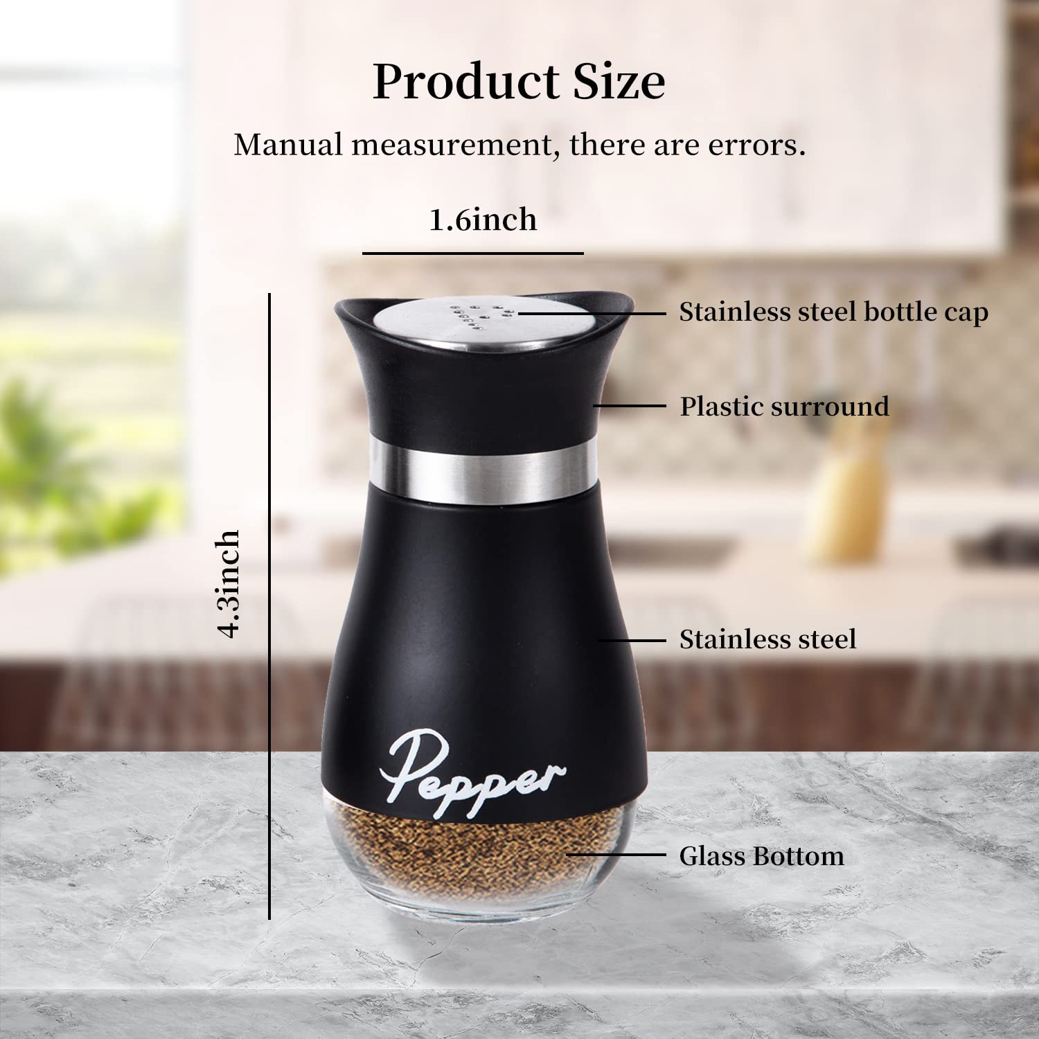 2 Pack Salt & Pepper Shakers Set, Refillable Salt Pepper with Stainless Steel Lid Container Spice Shakers Bottle for Home Kitchen, Restaurant, Picnic (Black)