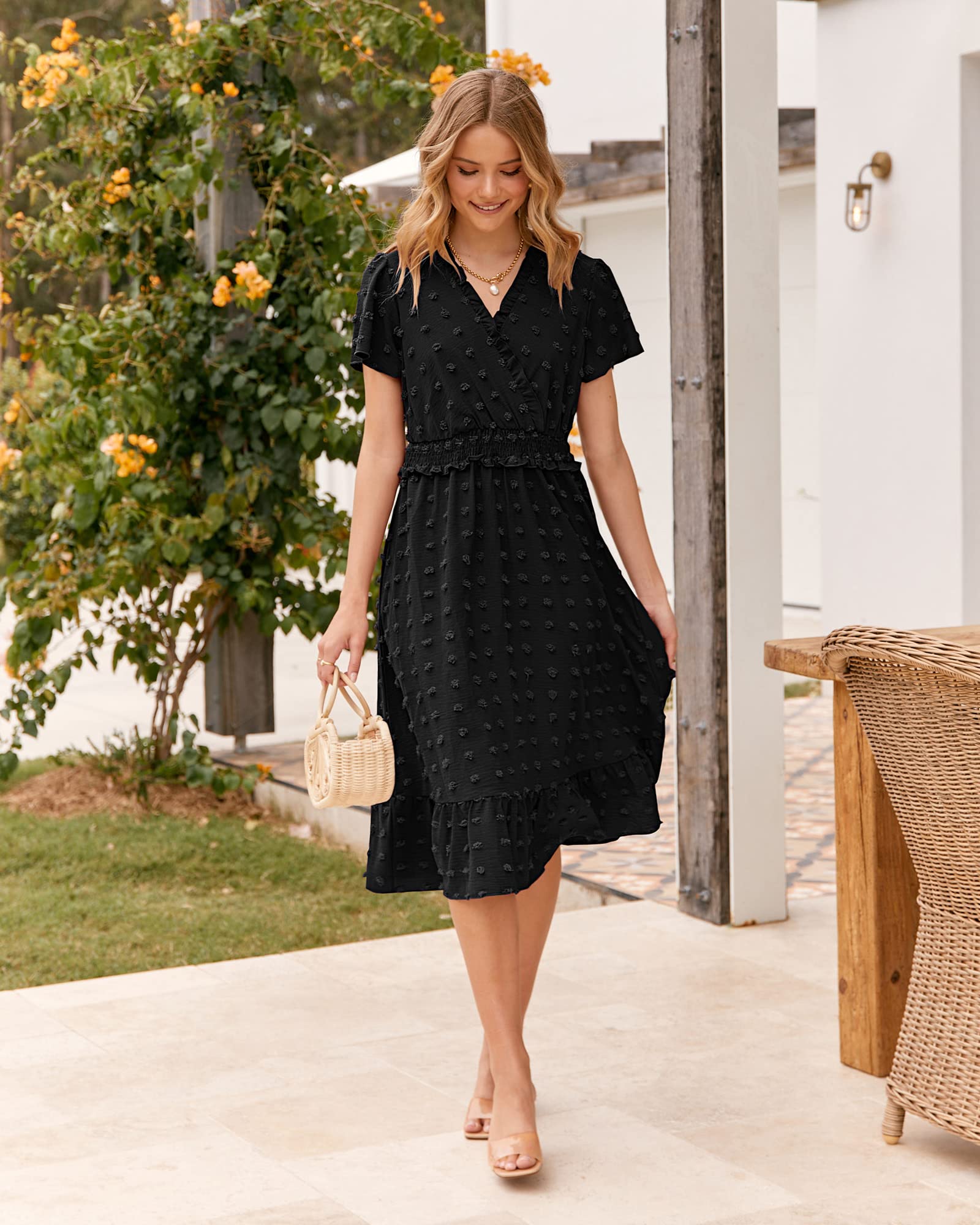 BTFBM Women's Summer Elegant Short Sleeve V Neck Swiss Dot Midi Dresses Cute Boho High Waist Long Dresses A-Line Ruffle Dress(Solid Black,X-Large