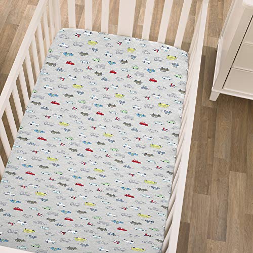 Carter's Busy Cars & Bikes Crib Sheet Super Soft Mini Crib Fitted Sheet, Red, Grey, Yellow, Blue