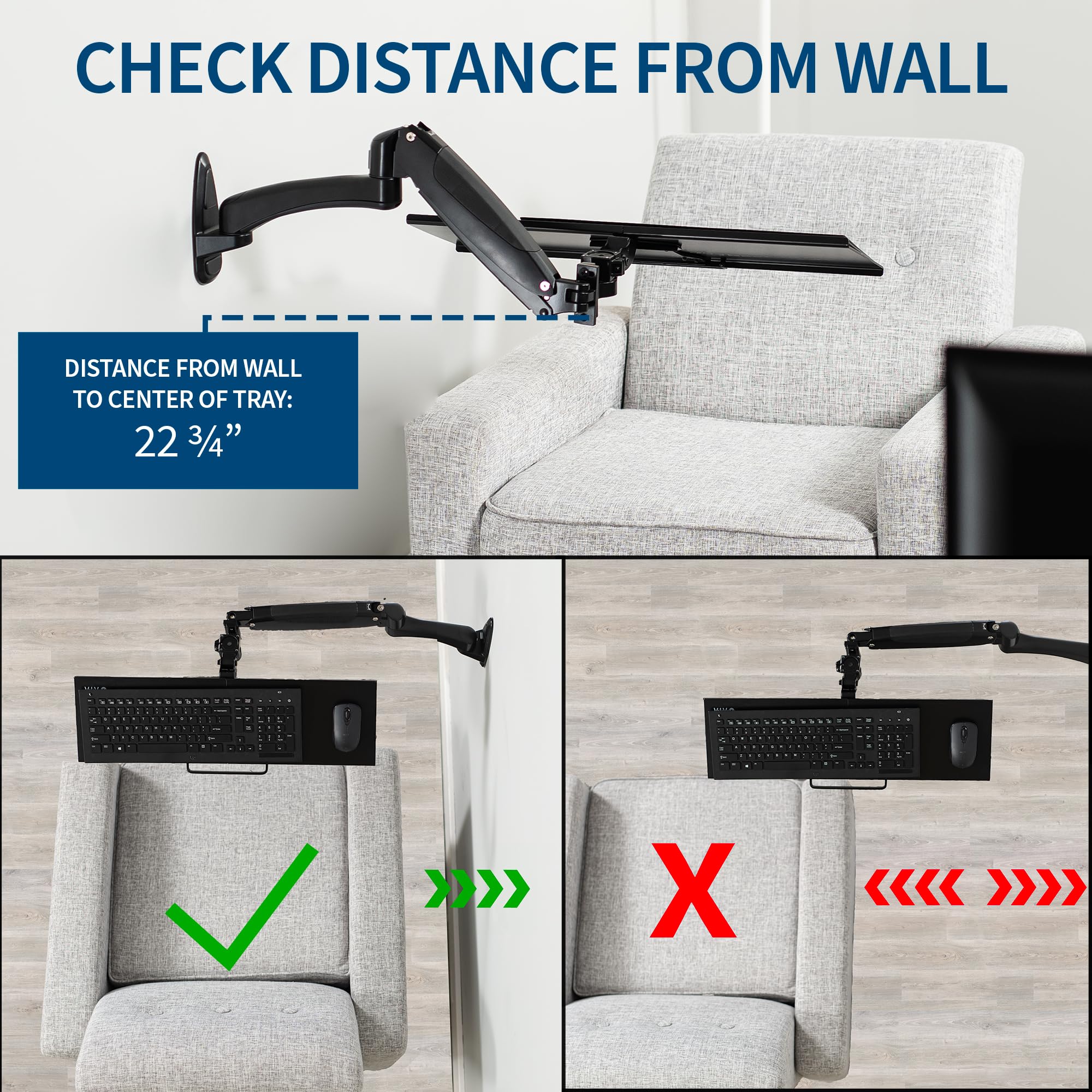 VIVO Sit-Stand 24 Inch Pneumatic Spring Keyboard and Mouse Tray Wall Mount, Counterbalance Height Adjustable Typing Platform, Ergonomic Tilt, Neutral Writing Position, Black, MOUNT-KB35A